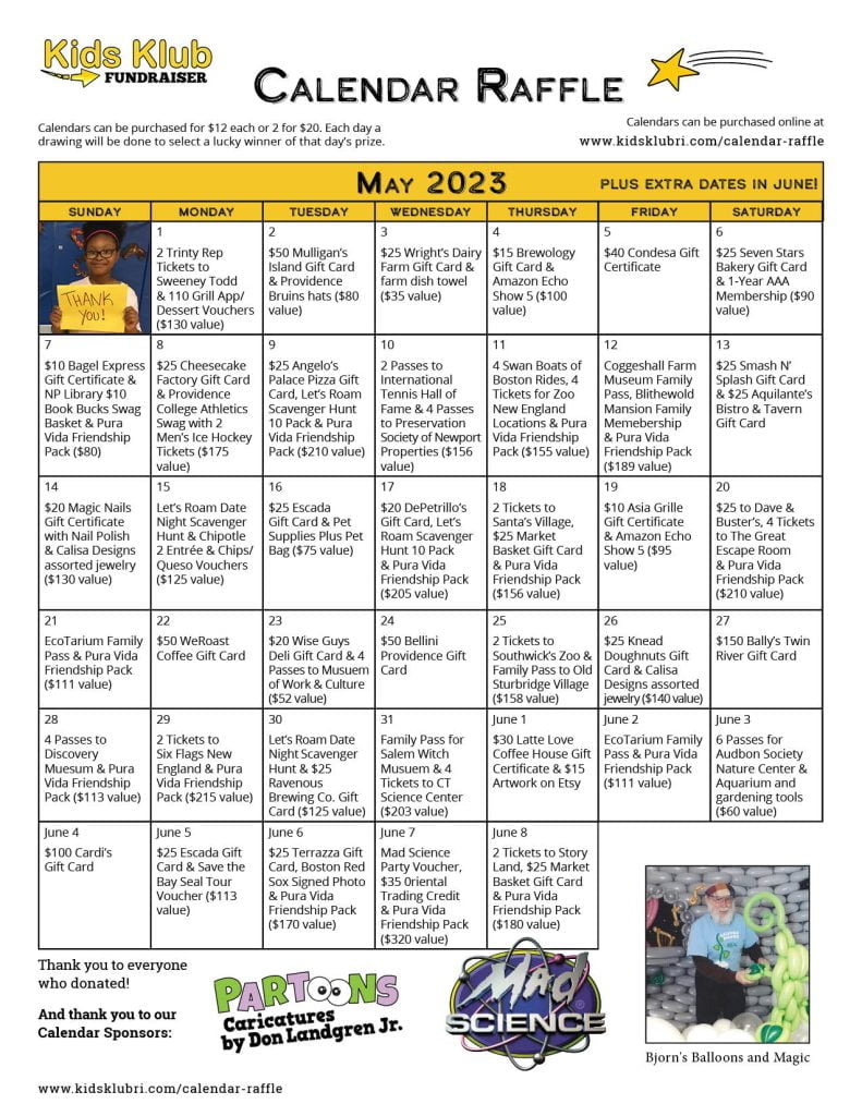 Calendar Raffle Fundraiser! - Kids Klub