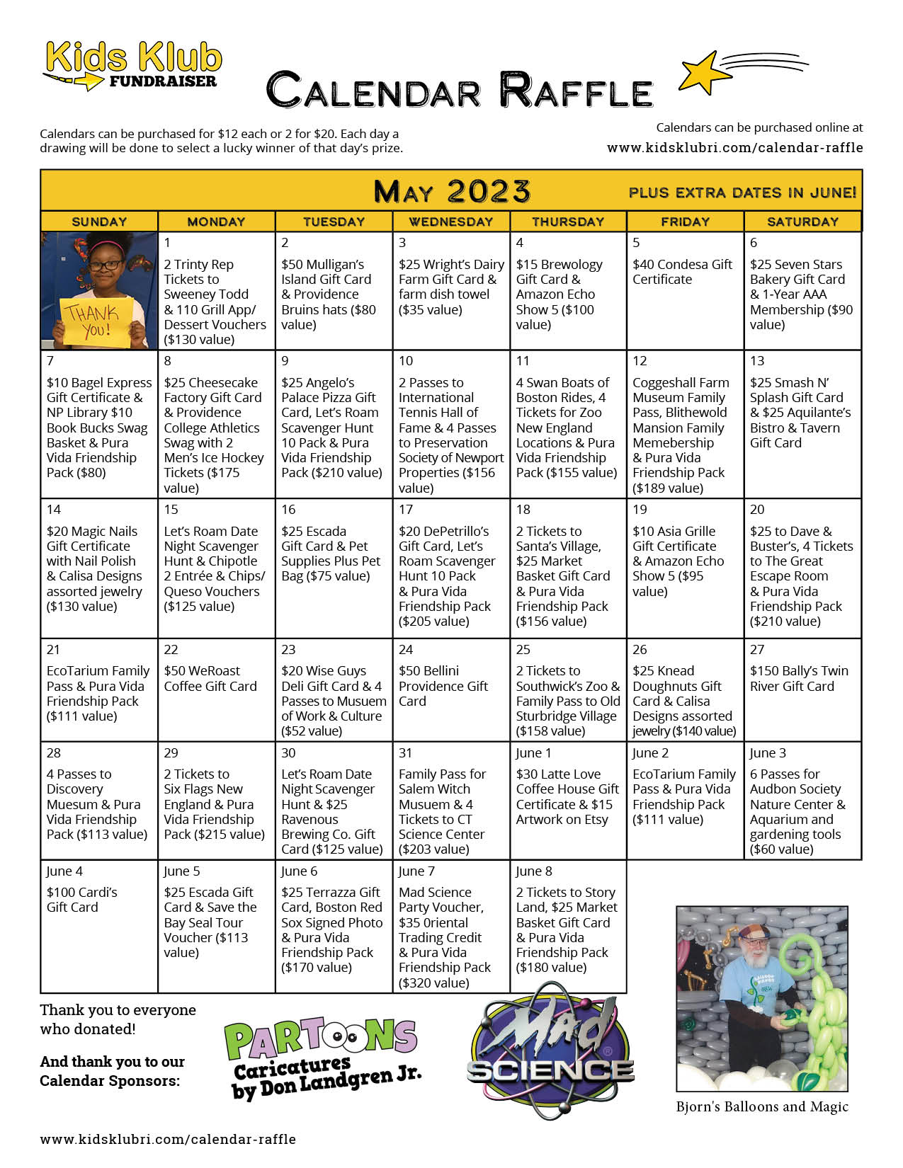 Calendar Raffle Fundraiser! - Kids Klub